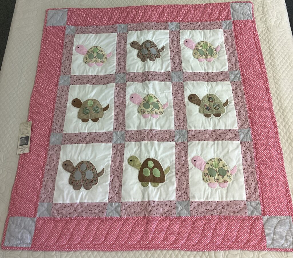 Hand-Stitched Appliqued Turtles Crib Size Tummy Time Quilt